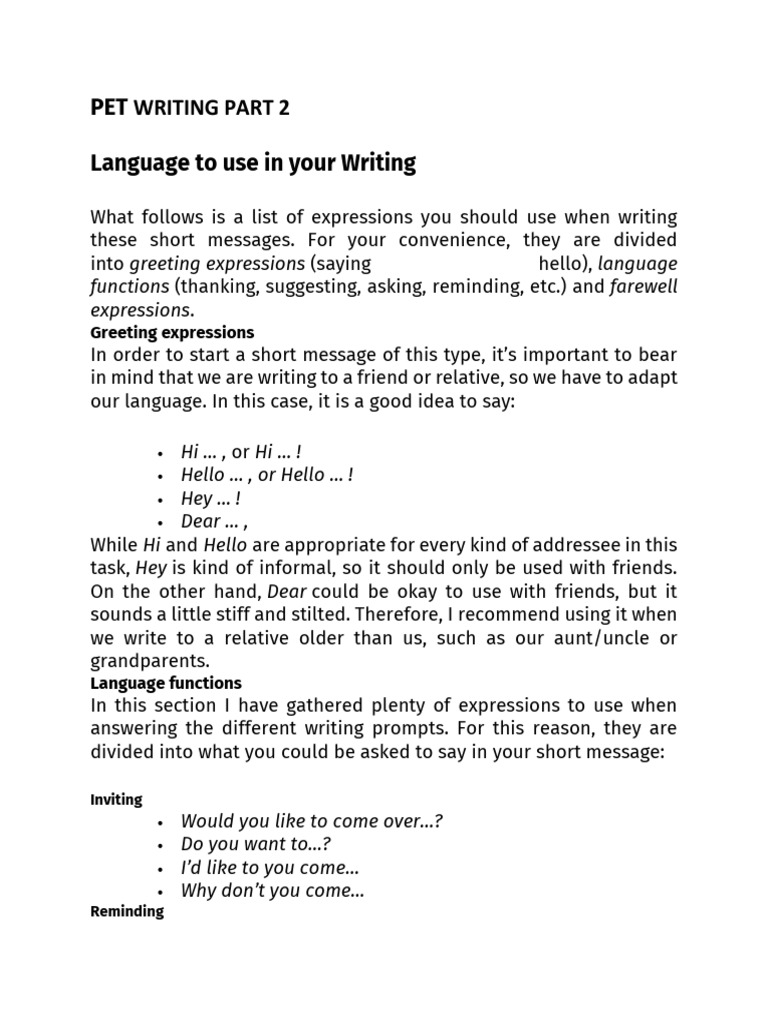 Expressions for Pet Writing Part 2 | PDF