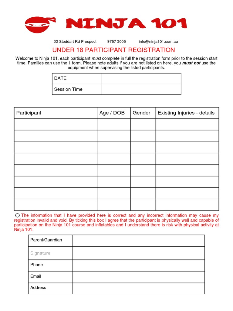NINJA 101 - U18 Waiver 2021 | PDF | Legal Liability | Risk