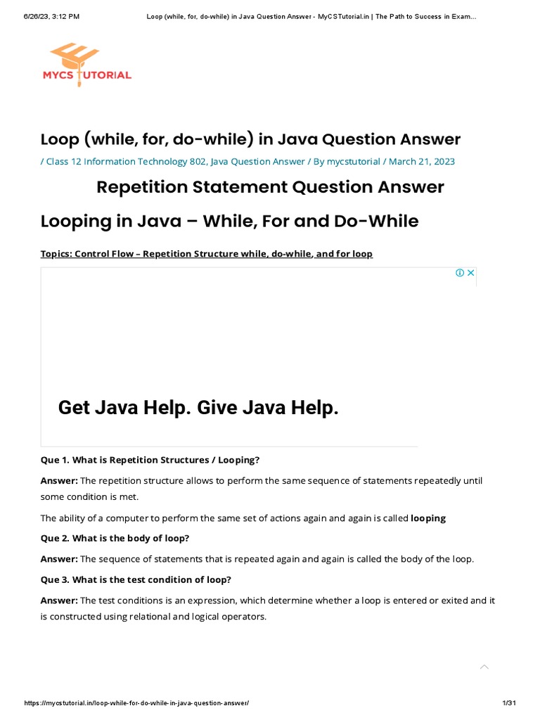Loop (While, For, Do-While) in Java Question Answer - MyCSTutorial - in - The Path To Success in ...