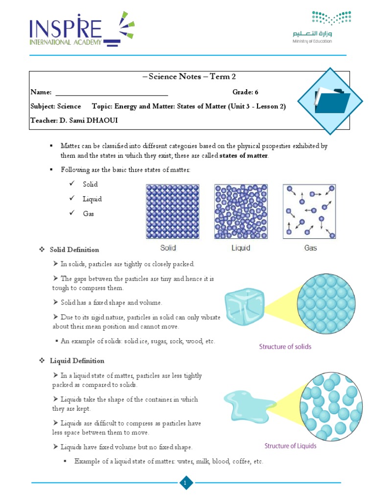 Science Notes-States of Matter - Grade 6 | PDF