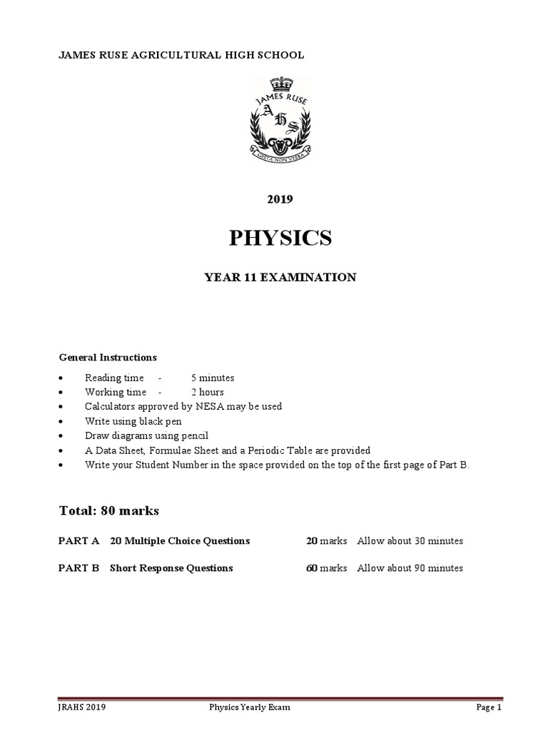 JRAHS 2019 Year 11 Physics Exam | PDF | Optical Fiber | Optics