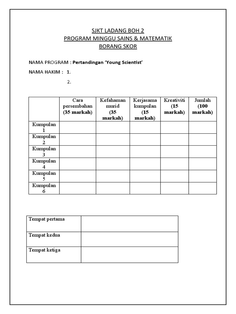 Borang Skor Program Minggu Sains & Mathematics | PDF