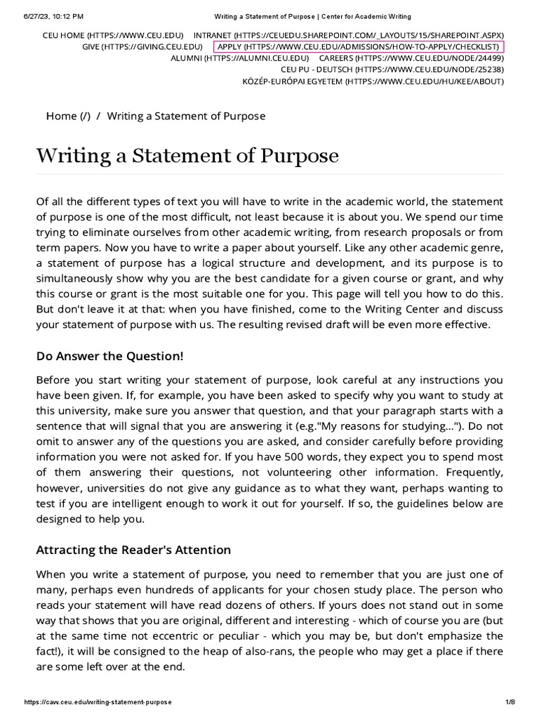 Writing A Statement of Purpose - Center For Academic Writing | PDF ...