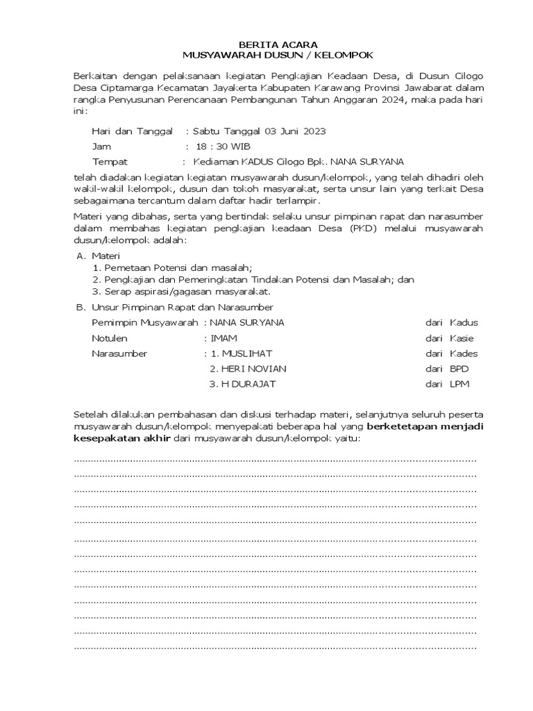 Contoh Berita Acara MUSDUS 2023 | PDF