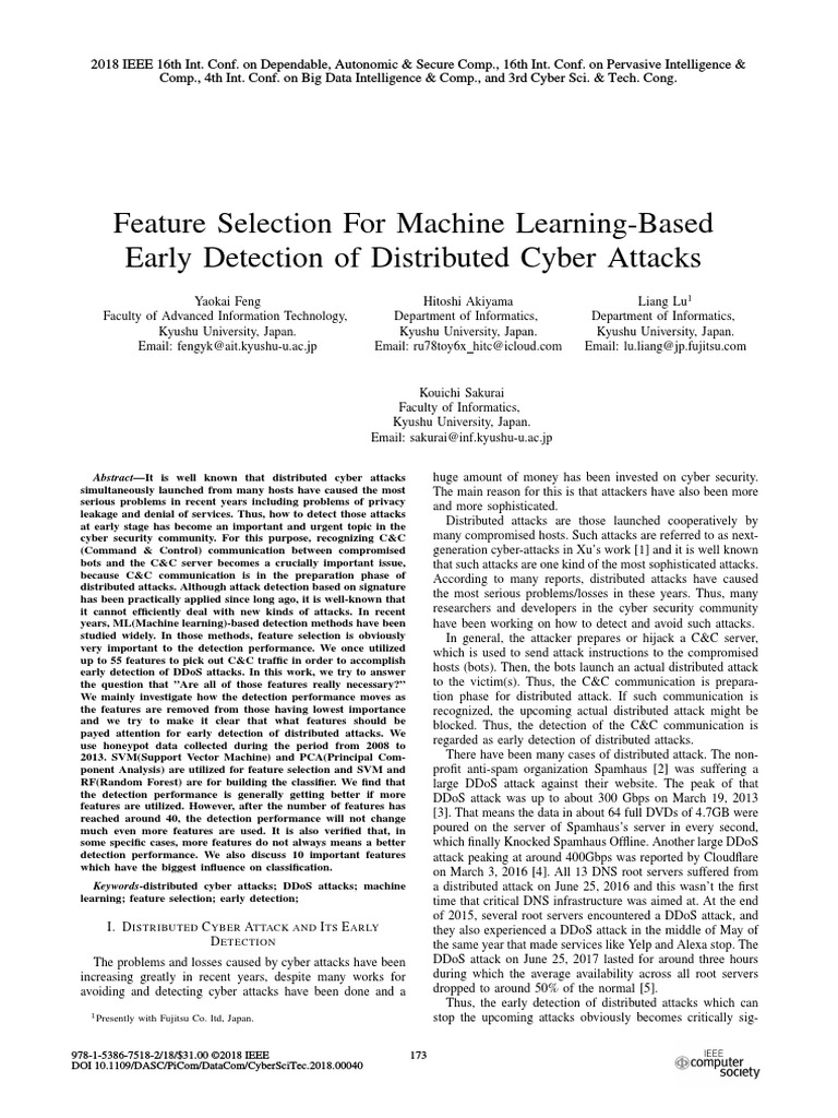 Feature Selection For Machine Learning Based Eraly Detection Of Distributed Cyber Attacks Pdf