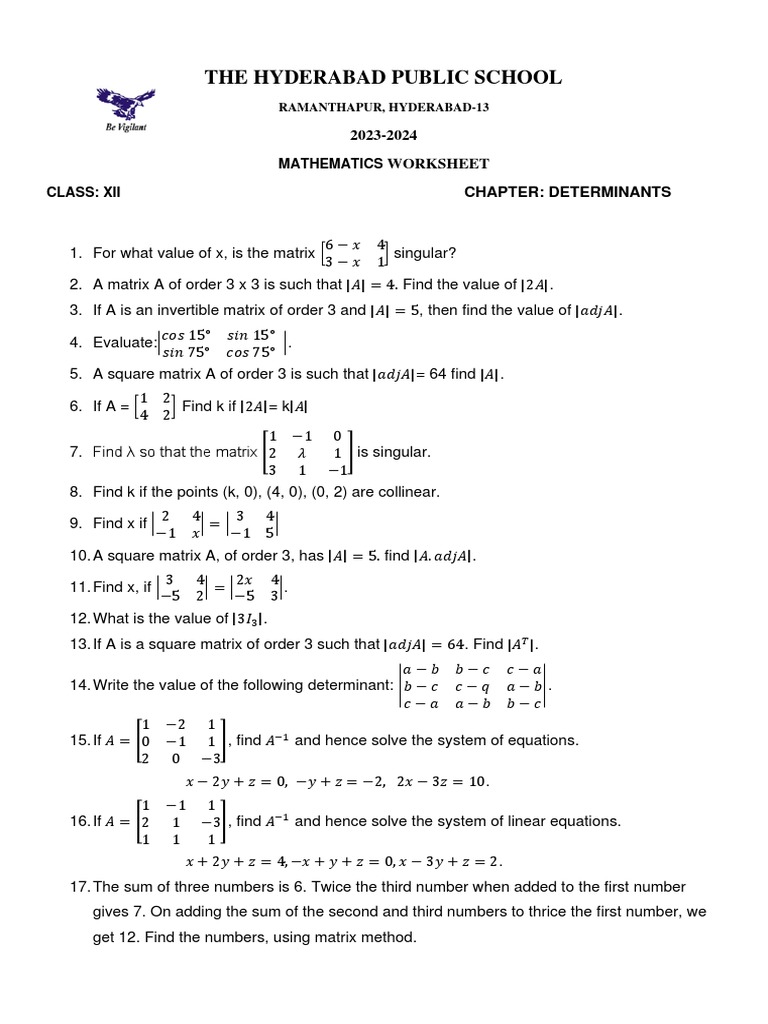 Ch. 4. Determinants Worksheet | Download Free PDF | Matrix (Mathematics ...