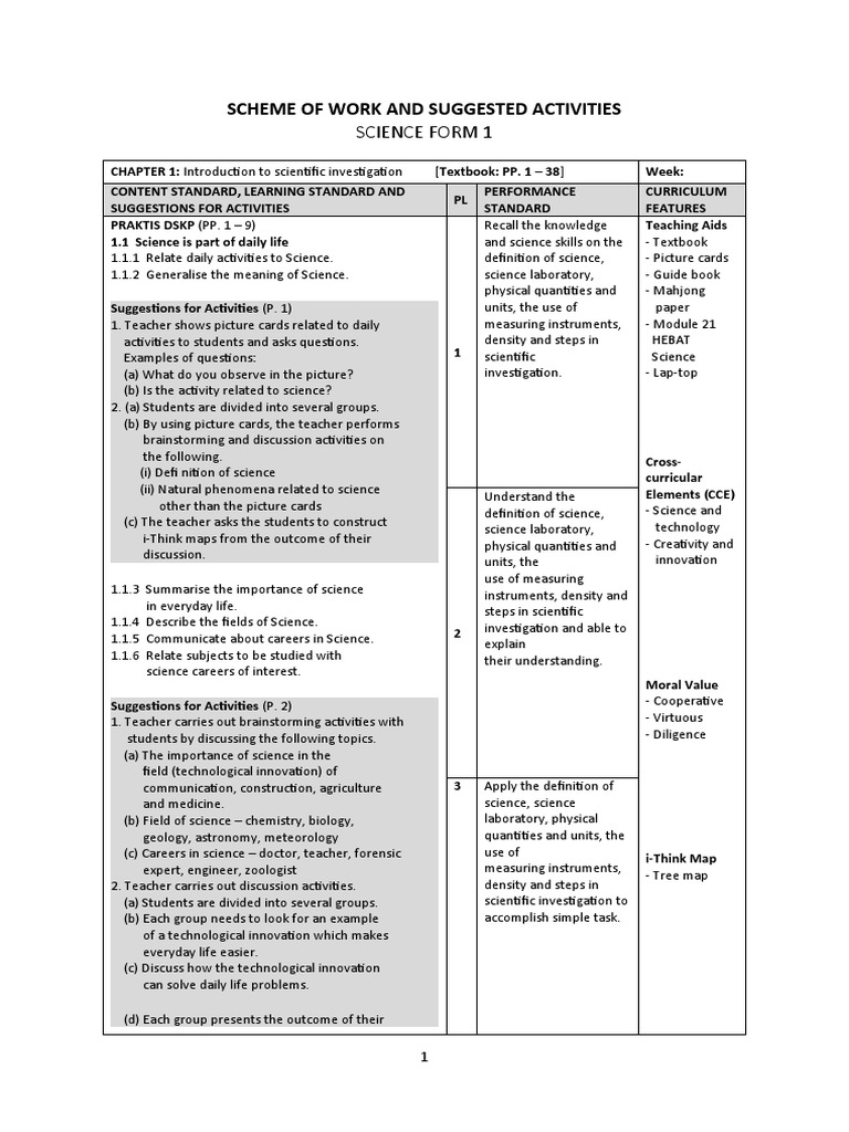 Scheme of Work and Suggested Activities Formula A pt3 KSSM Science Form 1 | PDF | Science ...