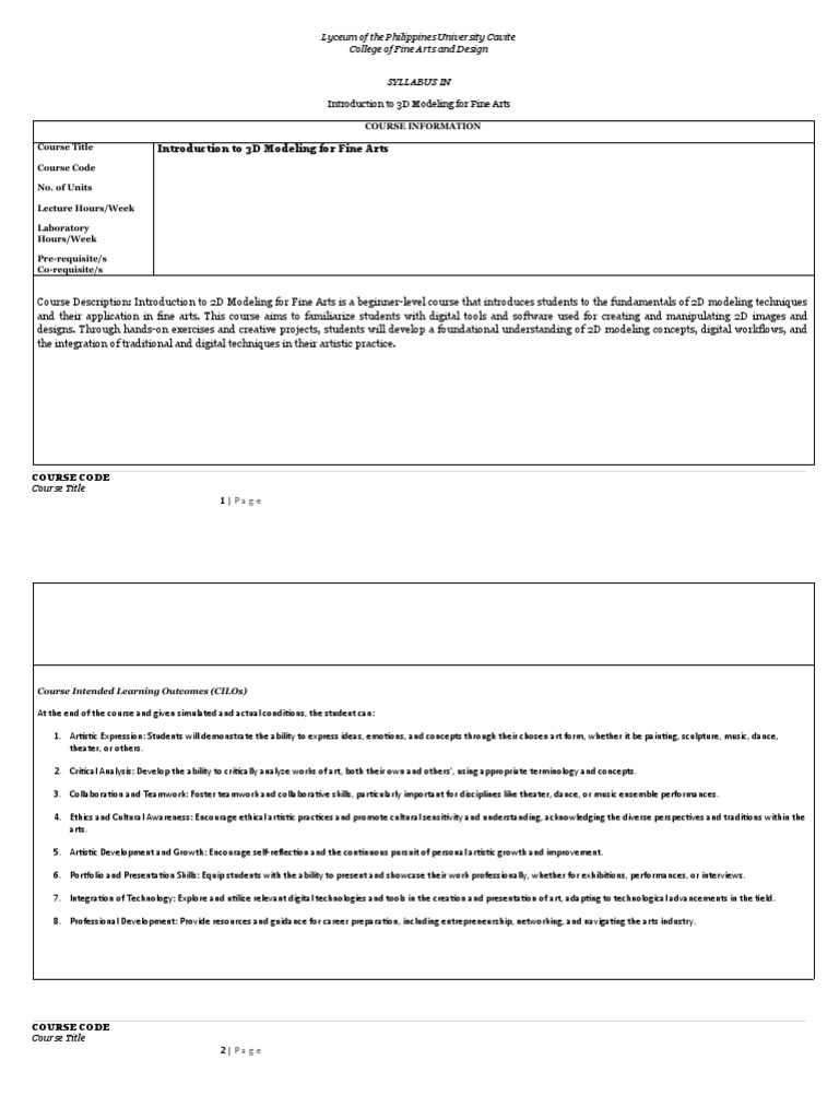 Ramil Pantoja SYLLABUS Introduction To 3D Modeling For Fine Arts ...