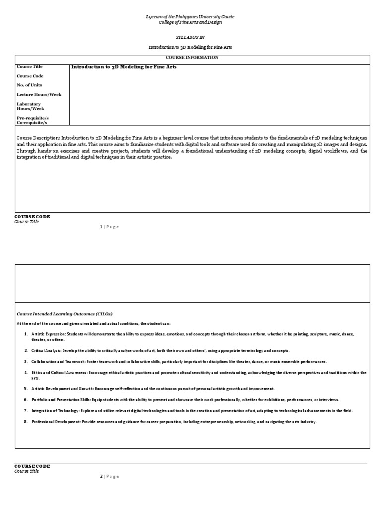Ramil Pantoja SYLLABUS Introduction To 3D Modeling For Fine Arts | PDF ...
