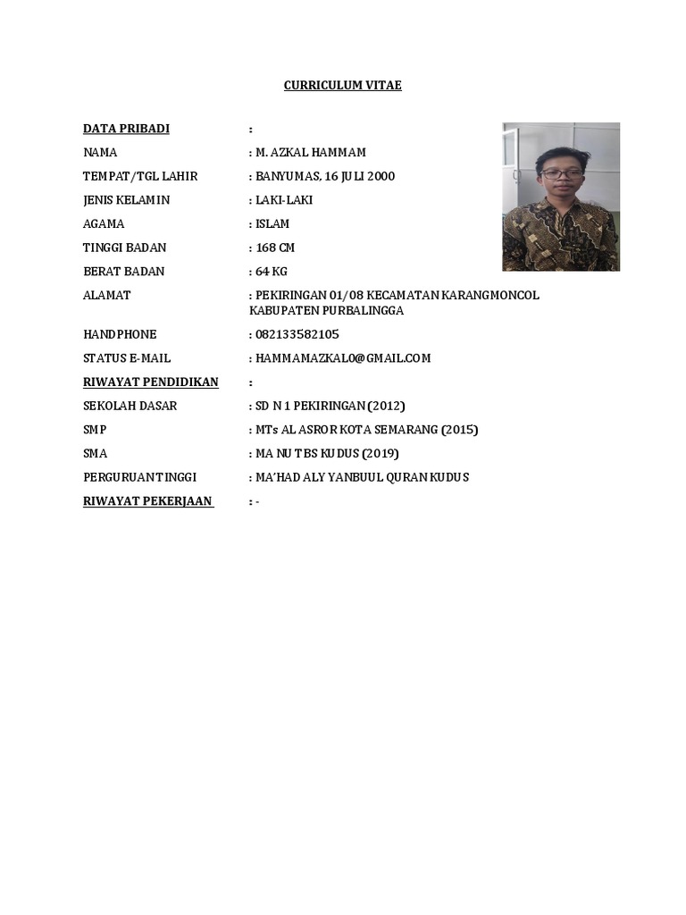 CV M. Azkal Hammam: Data Pribadi dan Pendidikan | PDF