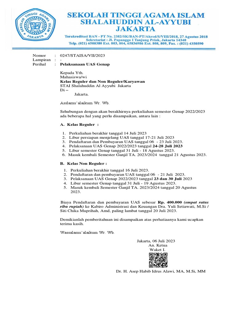 Surat Pemberitahuan UAS Genap 2023 - 0001-0001 | PDF