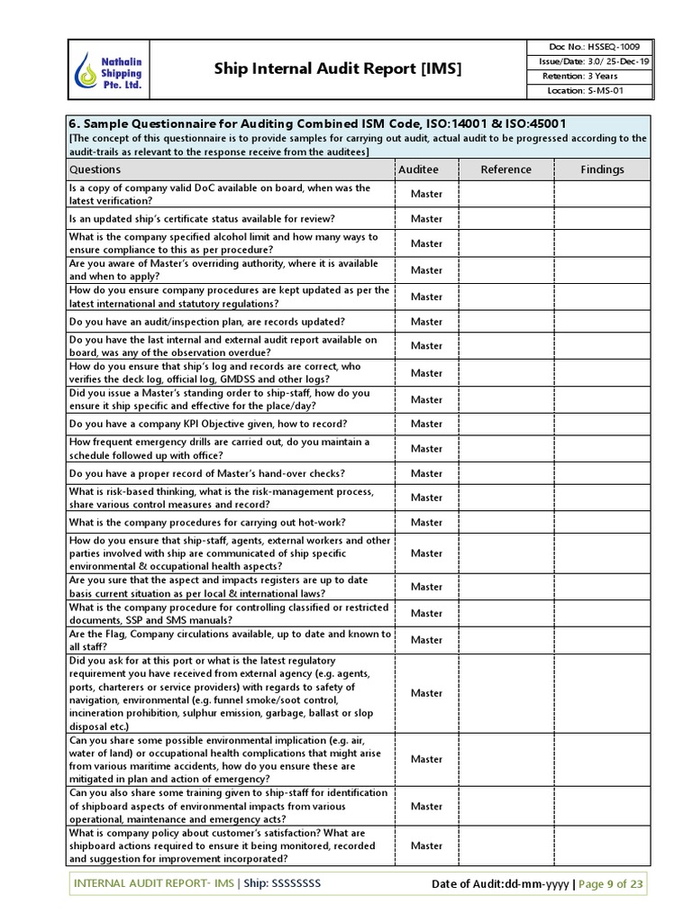 1b SampleQuestionnaires | PDF | Audit | Occupational Safety And Health