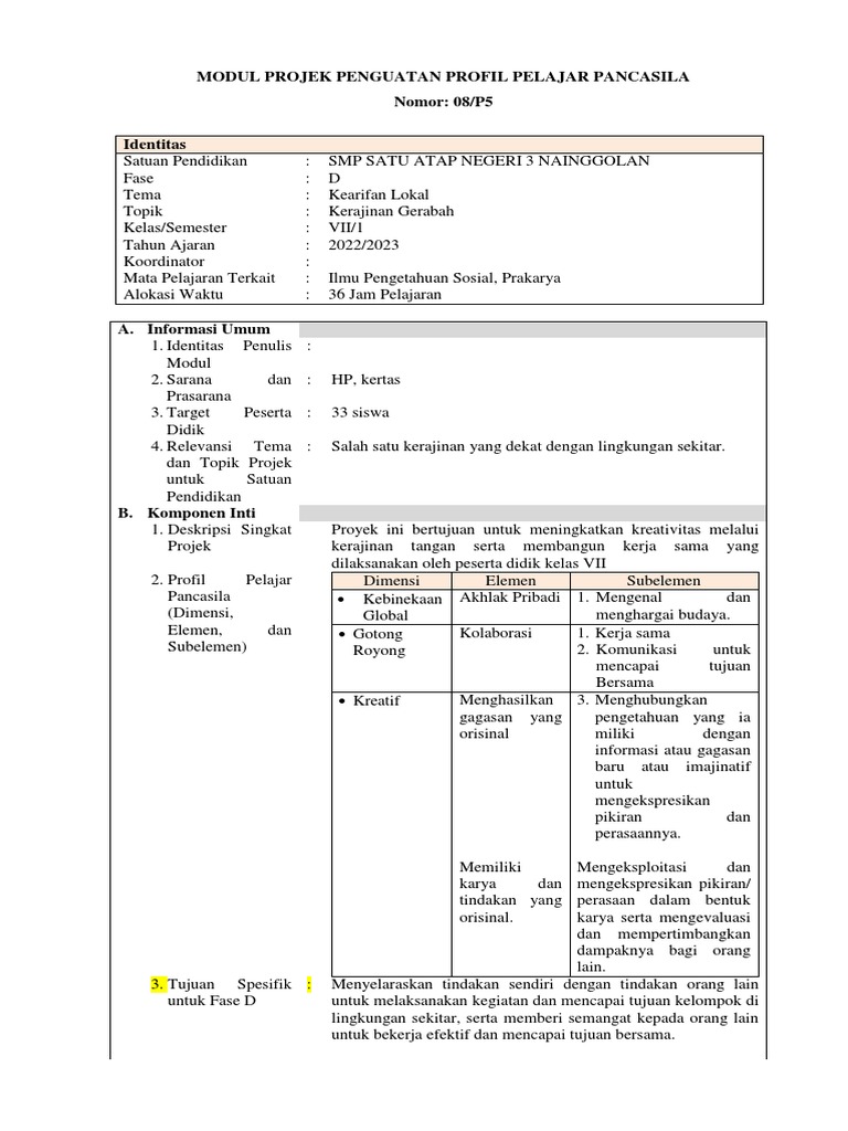 Modul Projek Kearifan Lokal - Kerajinan Gerabah Dari Tanah Liat - Fase D | PDF | Karier ...
