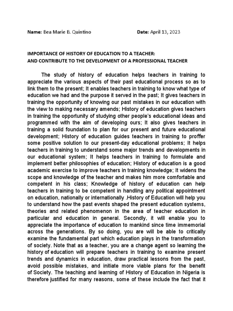 Importance of History of Education To A Teacher | PDF | Teachers ...