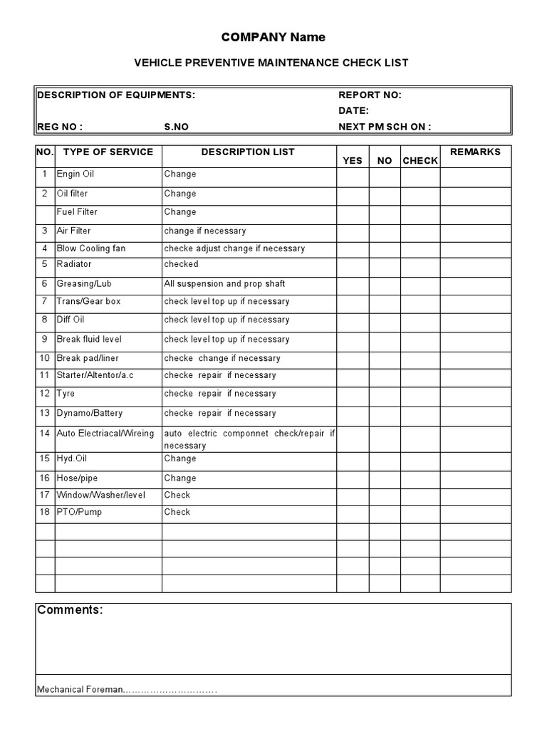 Vehicle Preventive Maintenance Check List | PDF