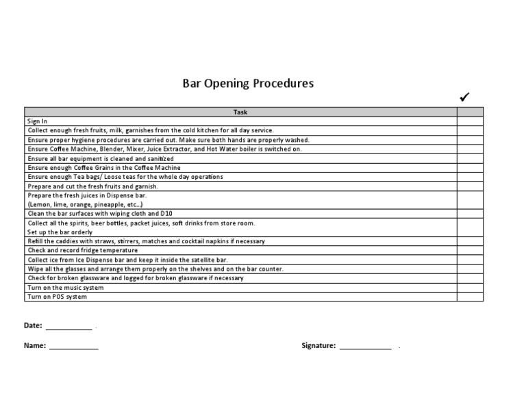 Bar Opening Procedure Pdf