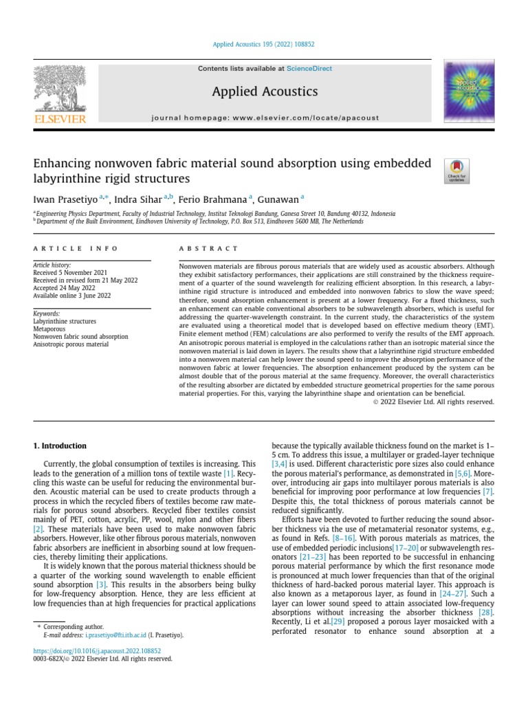 (2022) Enhancing Nonwoven Fabric Material Sound Absorption Using ... (2022) Enhancing Nonwoven Fabric Material Sound Absorption Using ...