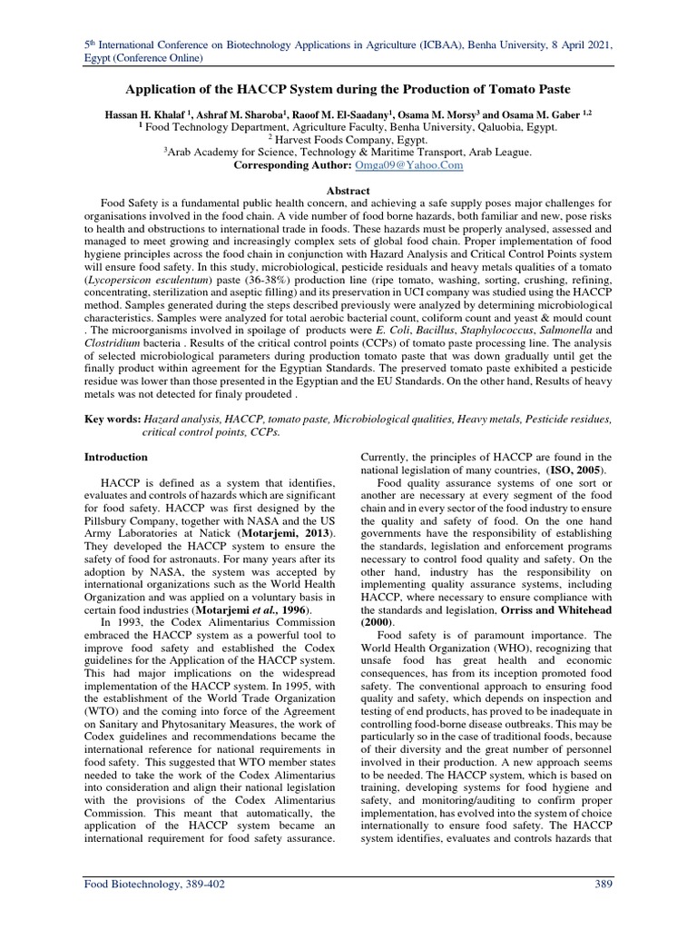 HACCP in Tomato Paste Production | PDF | Hazard Analysis And Critical ...