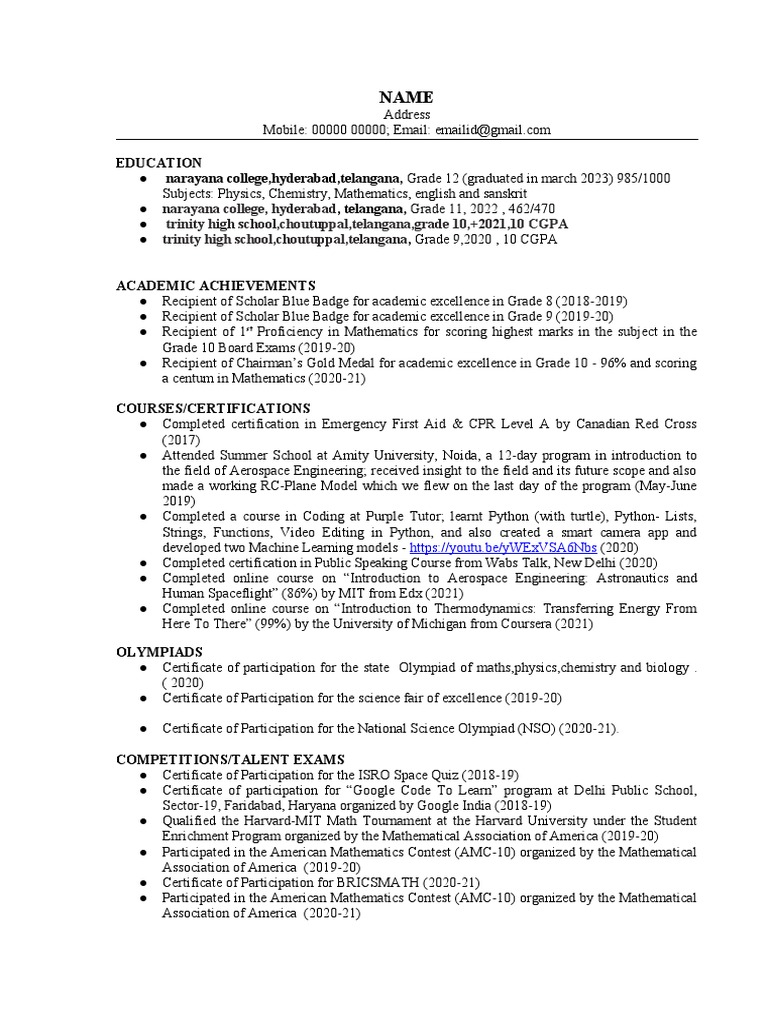 SAMPLE UG Resume 2022 | PDF