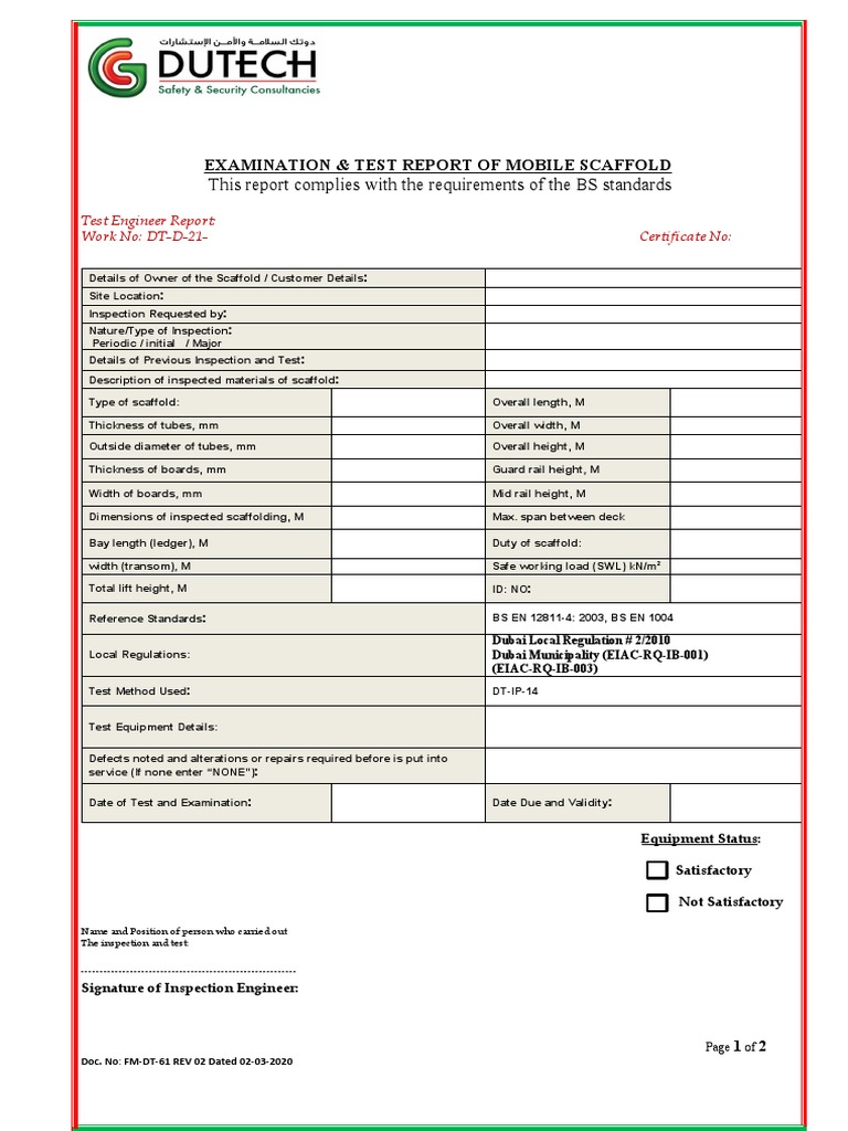 FM-DT-60 Mobile SCAFFOLDS CHECKLIST | PDF | Scaffolding