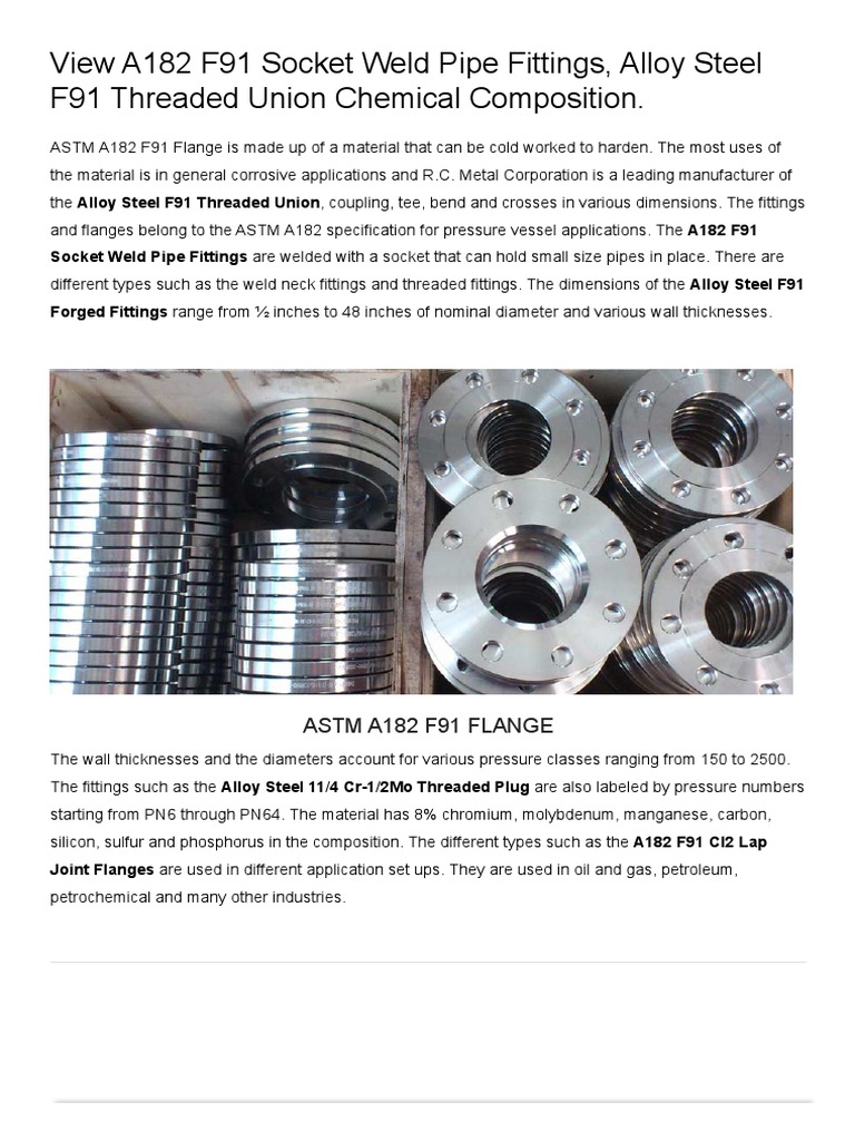 ASTM A182 F91 Flange - Alloy Steel F91 Threaded - Socket Weld Fittings | PDF | Pipe (Fluid ...