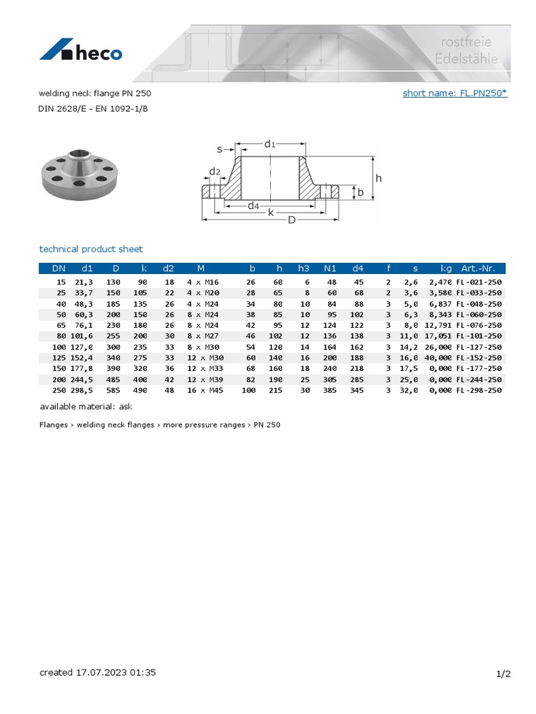 PN 250 Flange Dimensions Overview | PDF | Applied And Interdisciplinary ...