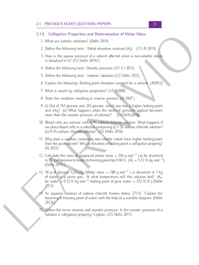 2.6 Colligative Properties and Determination of Molar Mass-Assignment | PDF | Physical ...