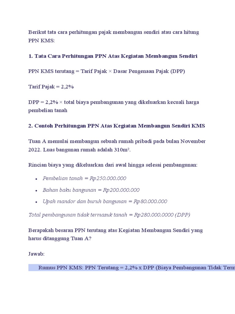 Berikut Tata Cara Perhitungan Pajak Membangun Sendiri Atau Cara Hitung PPN KMS | PDF