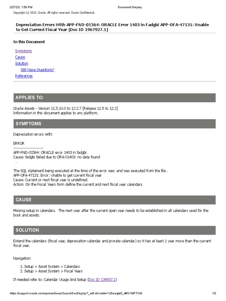 Depreciation Errors With App Fnd 01564 Oracle Error 1403 In Fadgbi App
