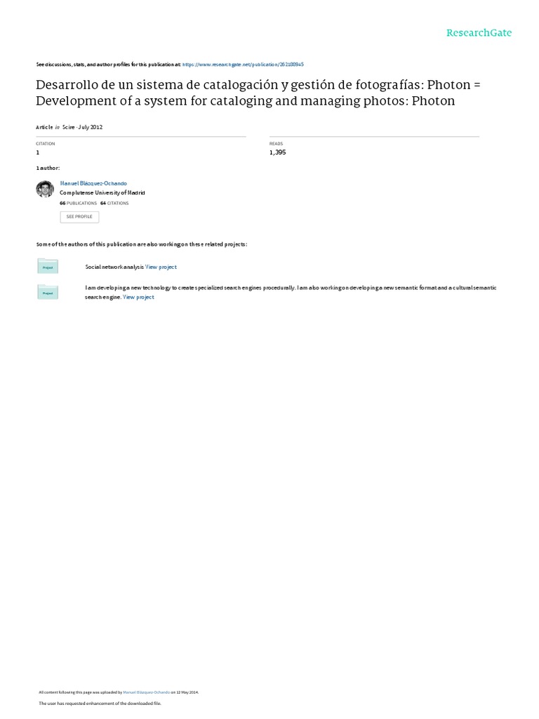 Desarrollo de Un Sistema de Catalogación y Gestión de Fotografías: Photon | PDF | Metadatos ...