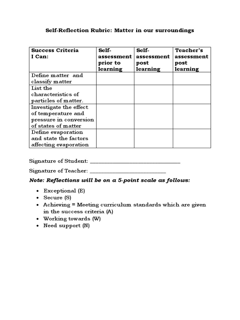 Self Reflection Rubric | PDF | Career & Growth