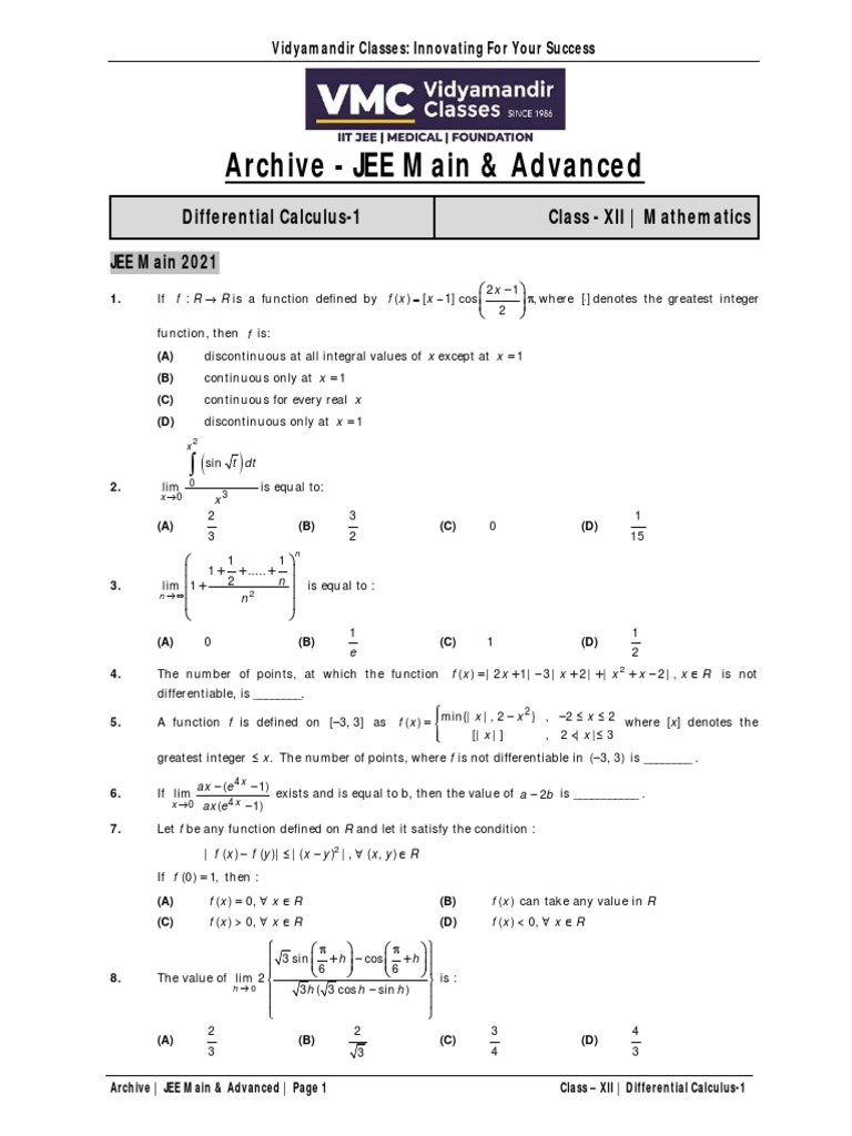 JEE Main 2021-2022 - Differential Calculus-1-Questions | PDF | Function ...