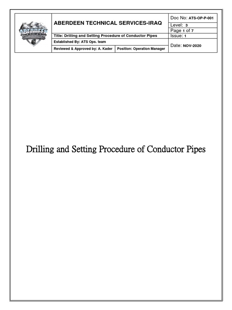 Drilling and Setting Procedure of Conductor Pipes | PDF | Casing ...