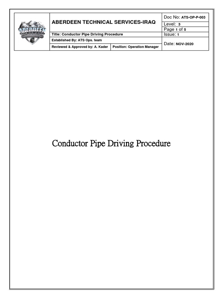 Conductor Pipe Driving Procedure | PDF | Casing (Borehole) | Industrial ...