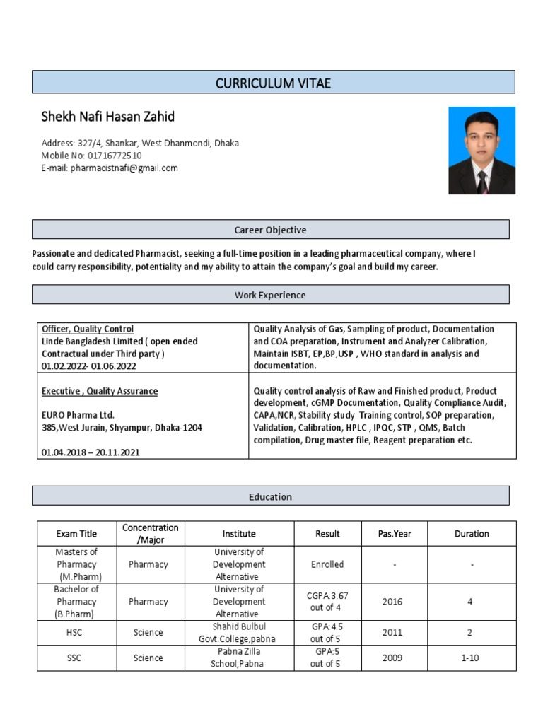 CV of Shekh Nafi Hasan | PDF | Pharmacy
