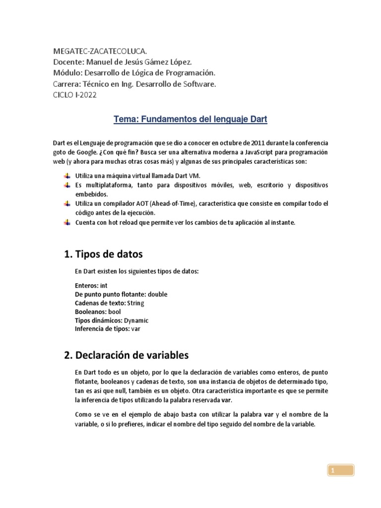 Fundamentos Del Lenguaje Dart-Guia1 | PDF | Lenguaje de programación ...