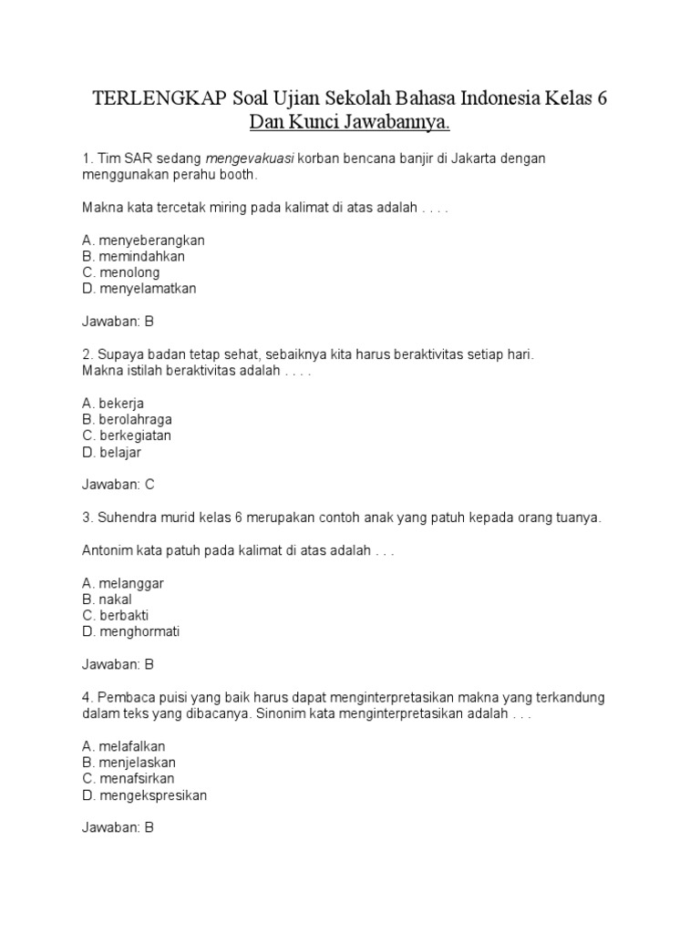 TERLENGKAP Soal Ujian Sekolah Bahasa Indonesia Kelas 6 Dan Kunci Jawabannya | PDF