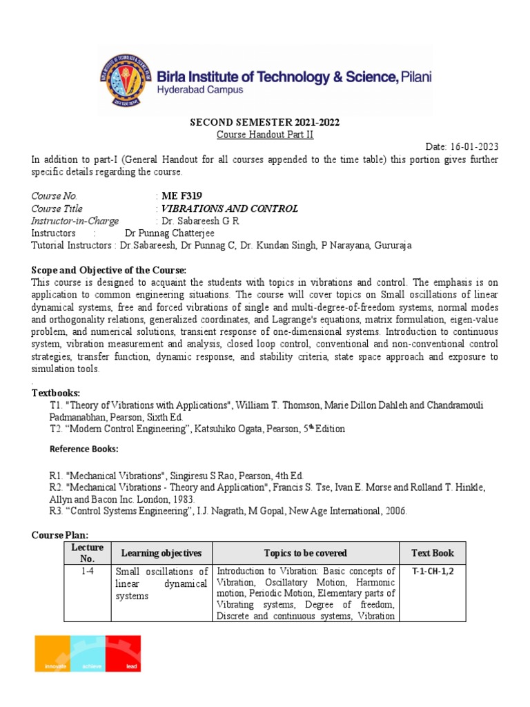 ME F319 Vibrations and Control | PDF | Damping | Eigenvalues And ...