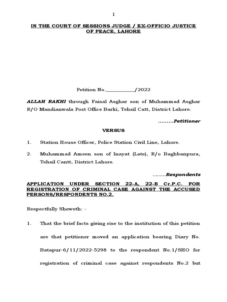22-A & 22-B (Registration of Criminal Case) (Session) Allah Rakhi vs. SHO Batapur Lahore Etc ...