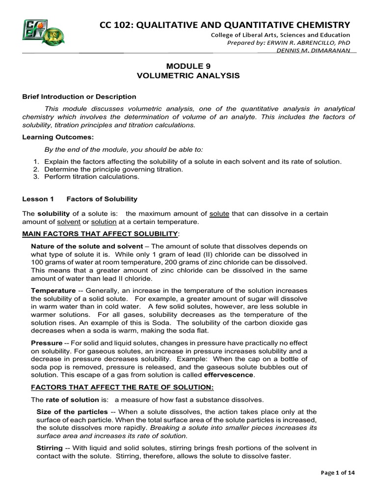 74yw5stfm Module 9 Volumetric Analysis | PDF | Chemistry | Titration
