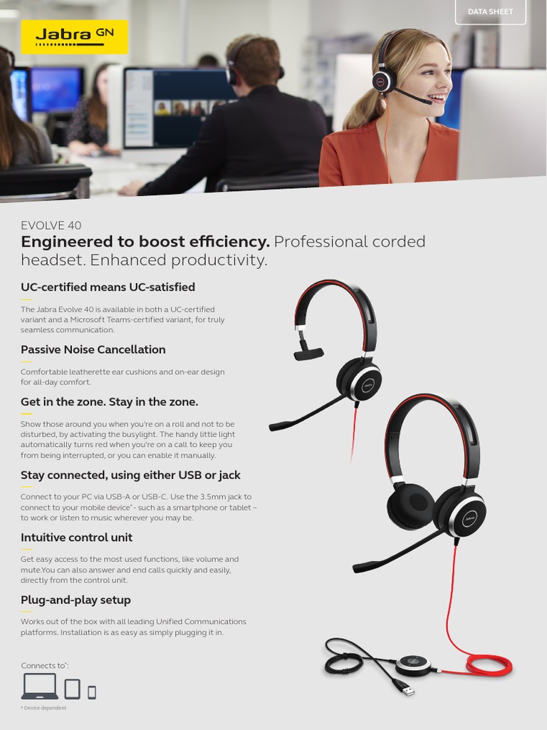 Jabra Evolve 40 Datasheet A4 200722 WEB | PDF | Usb | Smartphone