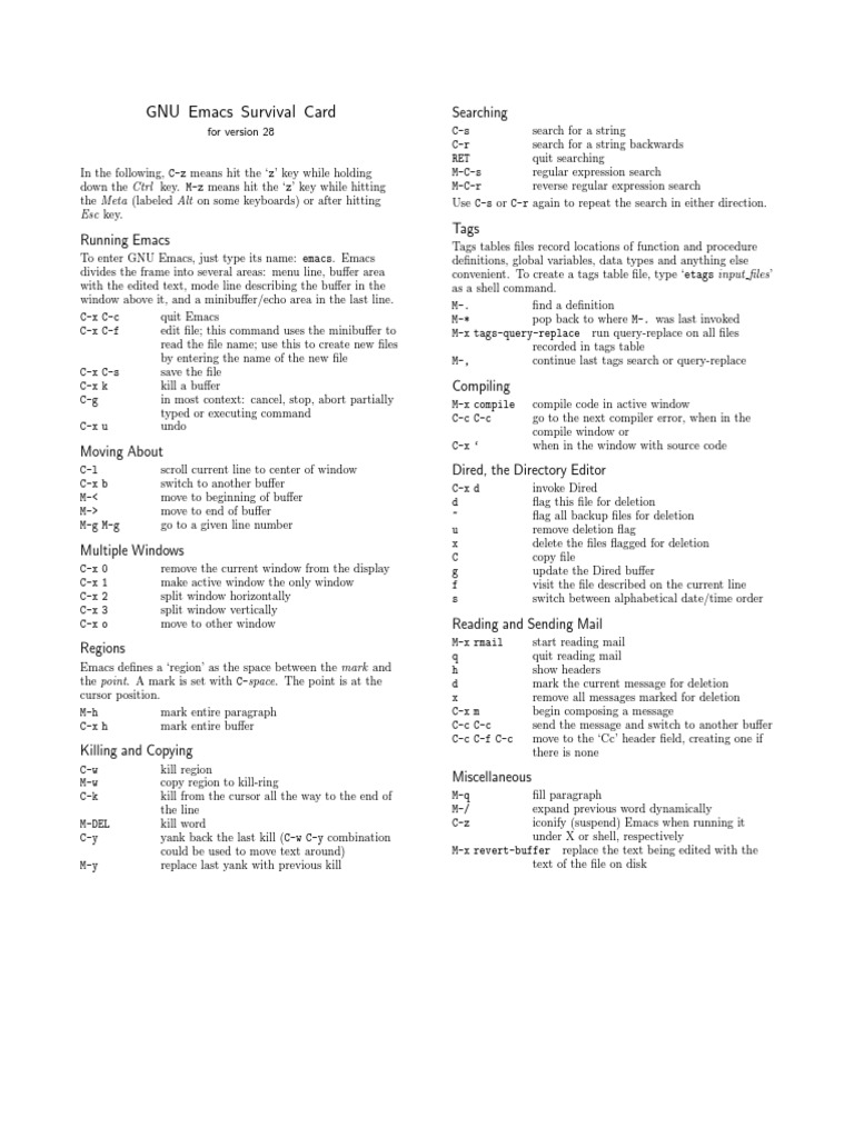 Emacs Survival Card For Version 28 | PDF | Regular Expression | Gnu