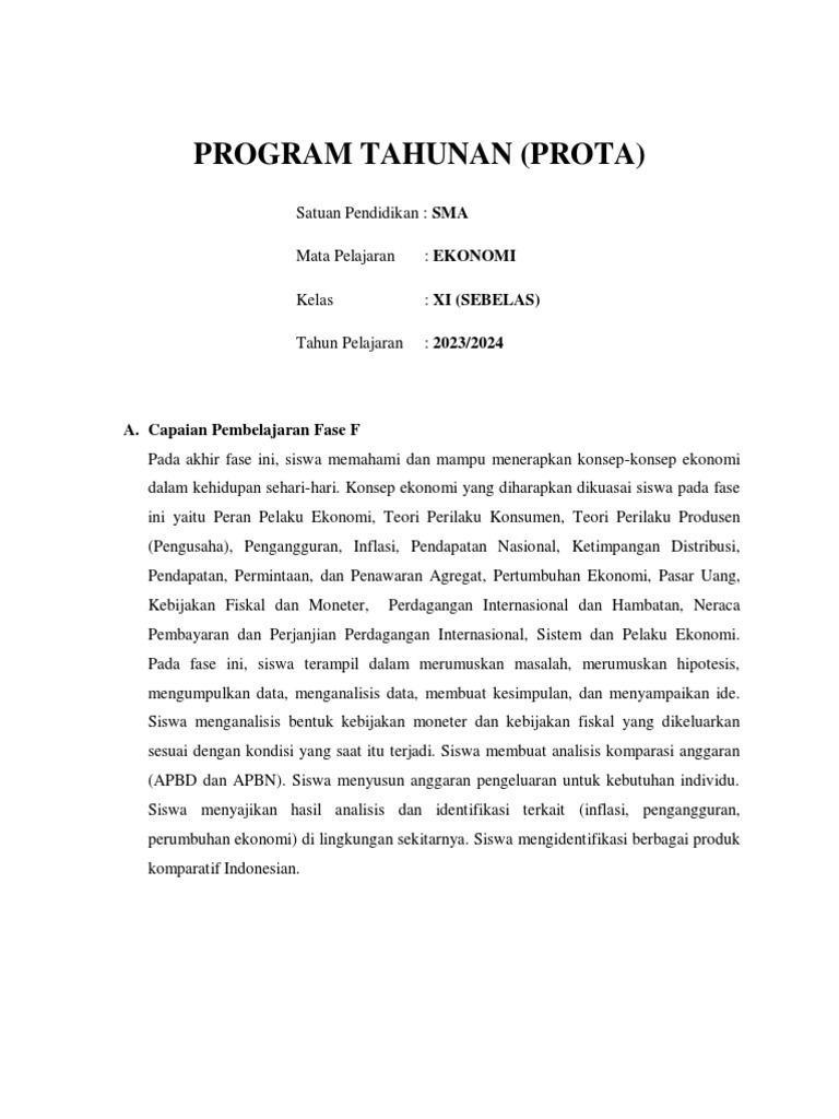 Program Tahunan (Prota) Ekonomi Kel 11 2023 | PDF