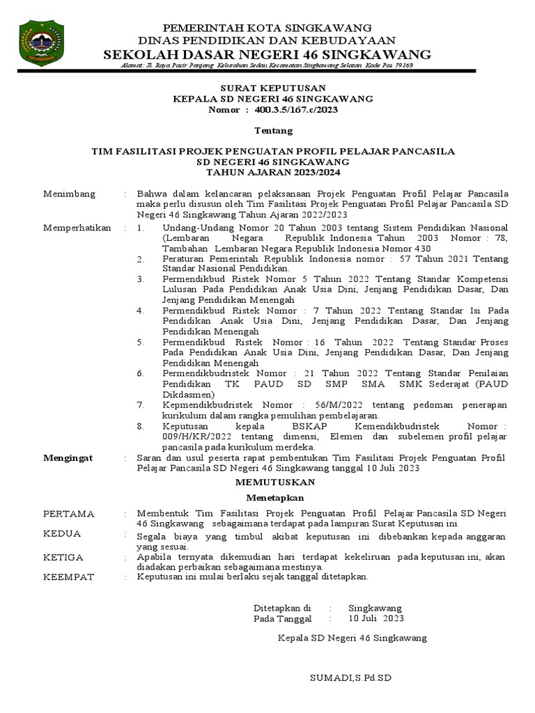 Sk Tim Fasilitasi Projek Profil Pelajar Pancasila (p5). | PDF