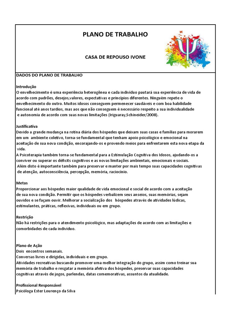 Plano de Trabalho Casa de Repouso Ivone | PDF