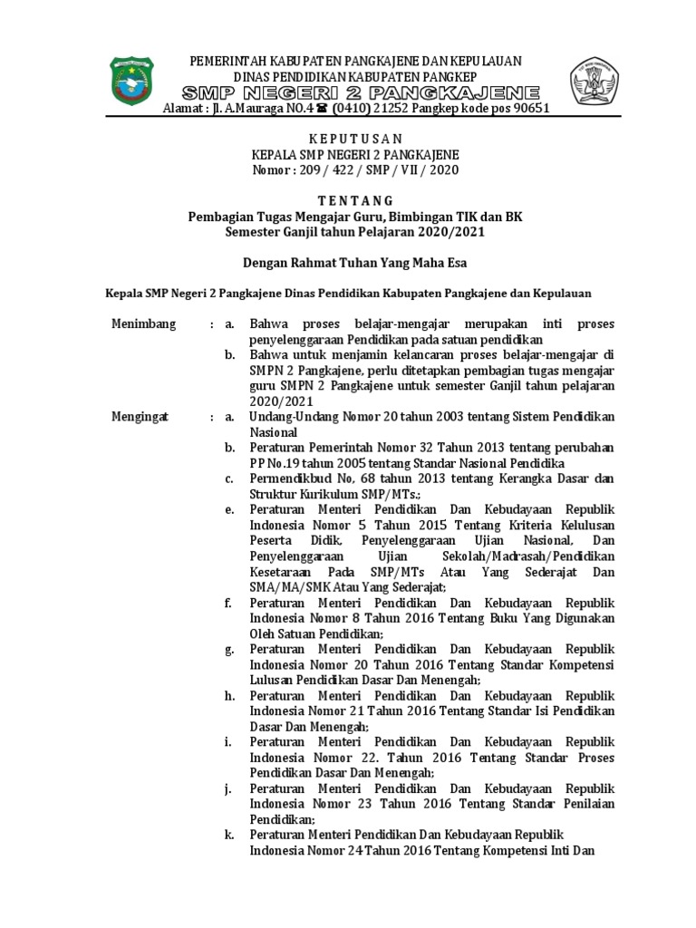 SK Pembagian Tugas Ganjil TP. 2020-2021 Oke | PDF
