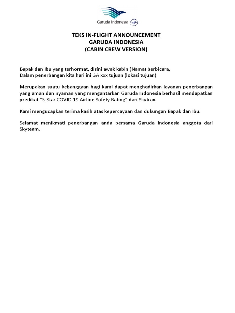 Teks Inflight Announcement Cabin OK | PDF