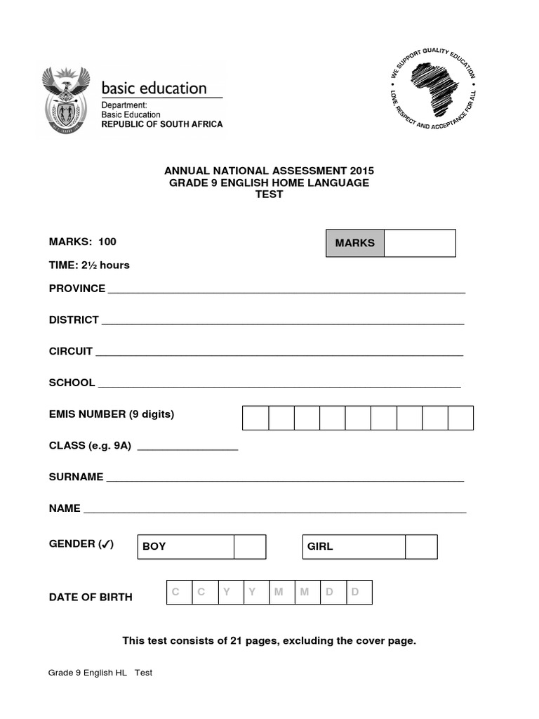2015 Grade 9 English HL Test | PDF | English Language | Linguistics
