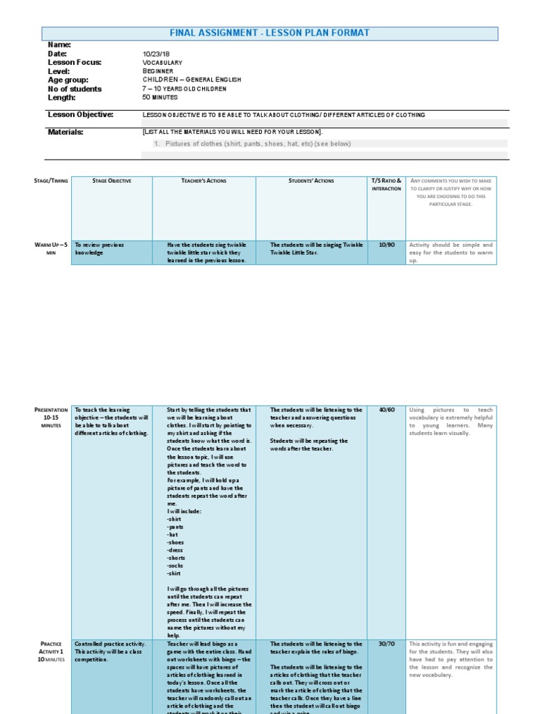 Sample Lesson Plan TEYL | PDF | Lesson Plan | Vocabulary