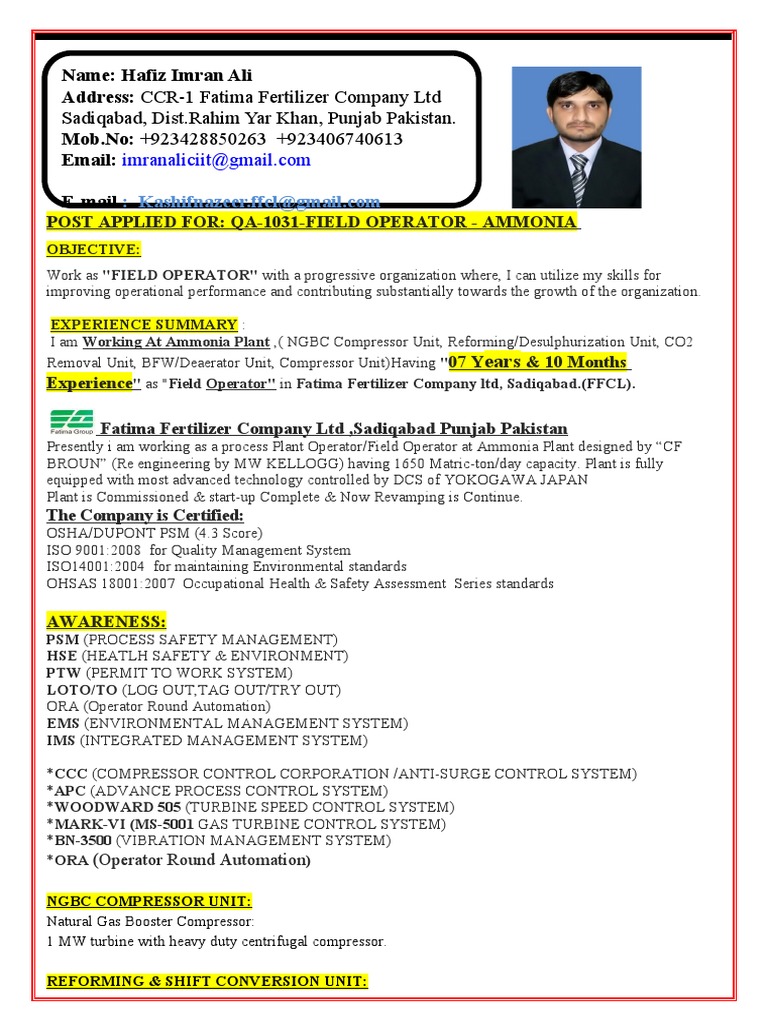 CV H.Imran Ali | PDF | Pump | Chemistry